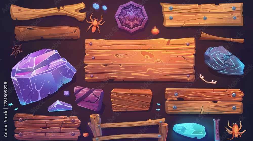 Game interface design: wooden boards with buttons, menu, assets and ...
