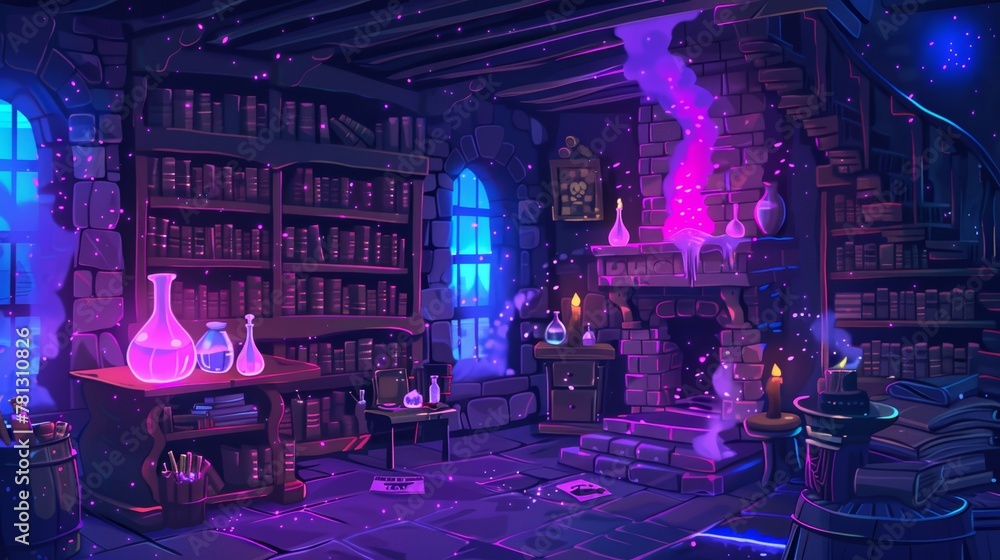 The alchemical laboratory of a witch or wizard has magic books and ...