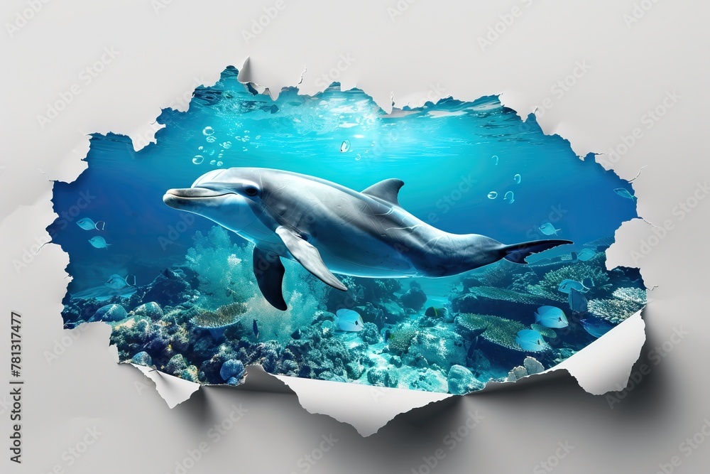 dolphine peeking out of a hole in flat white paper wall, dolphine wall ...