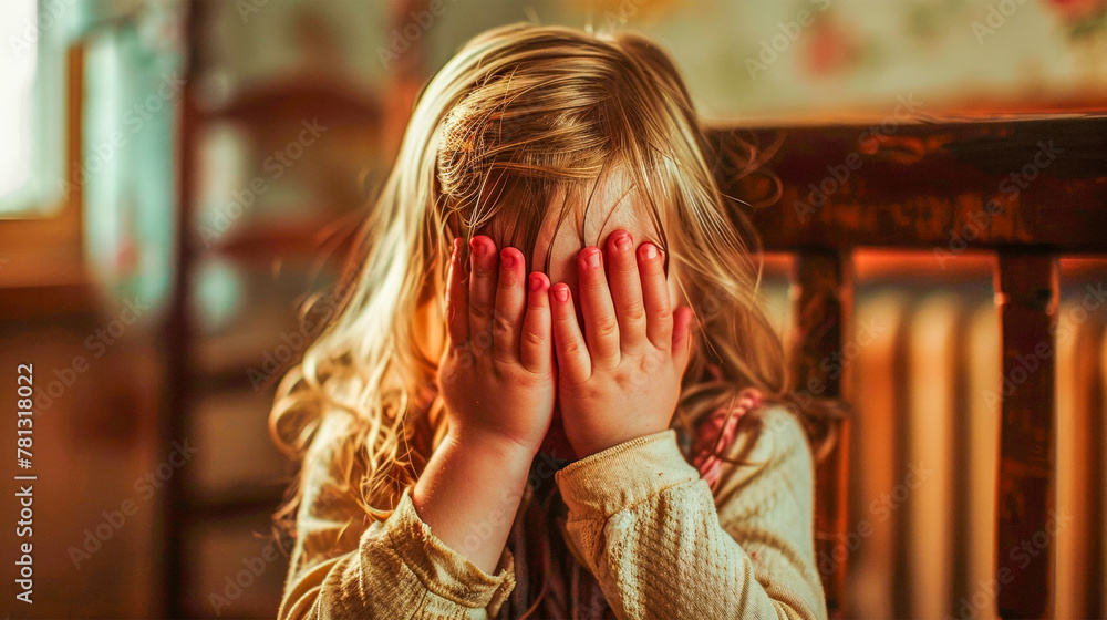 Little girl child covers her face with her hands in a gesture of ...