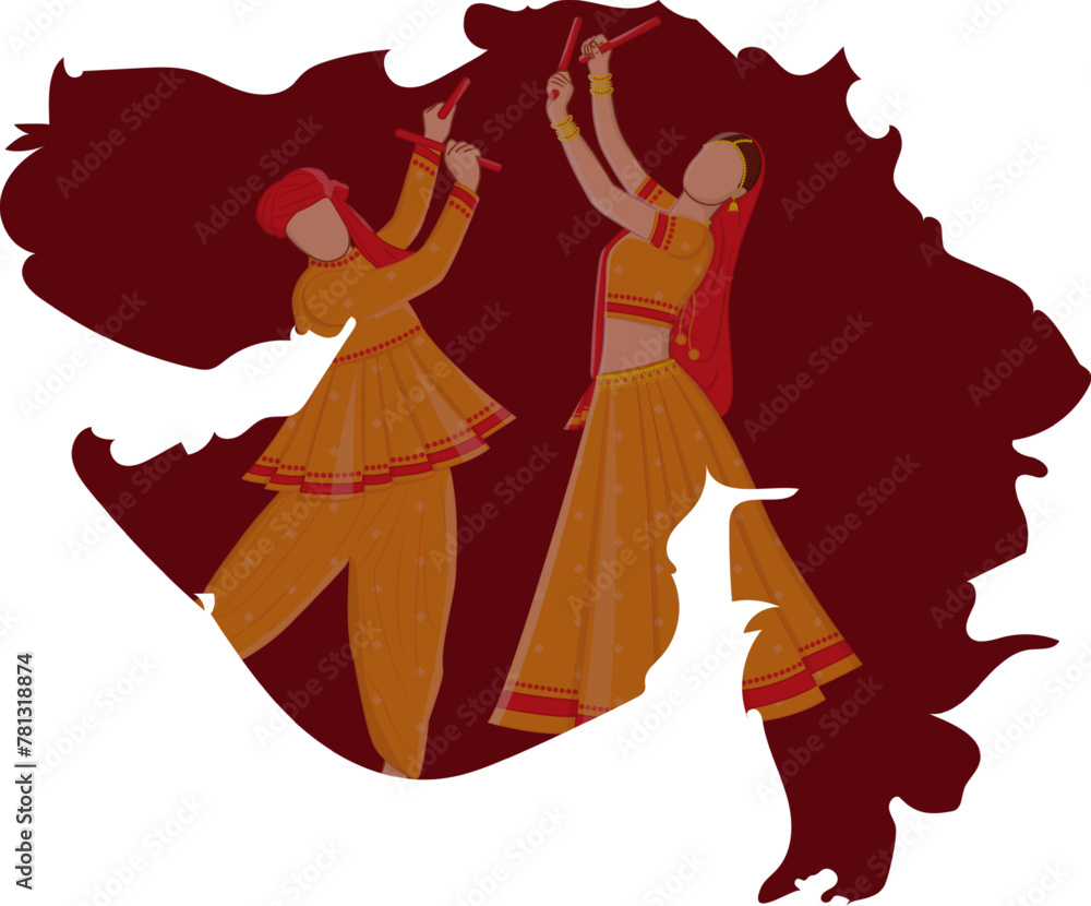 Vector illustration of garba dance couple with gujarat map on ...