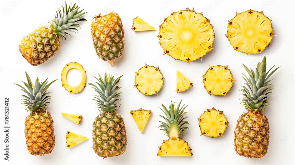 Set of fresh pineapples isolated on a white background, top view ...
