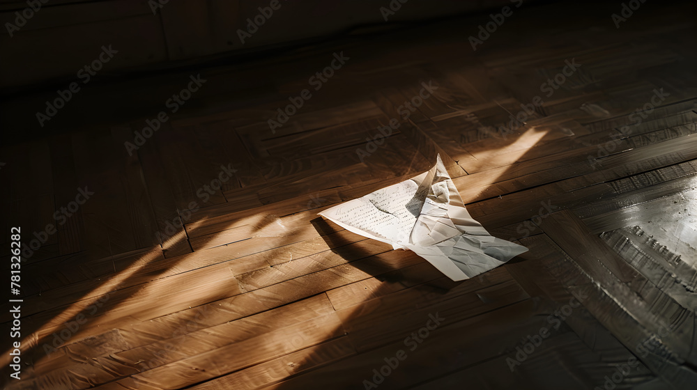 A crumpled love letter bathed in a pool of sunlight on an empty floor ...
