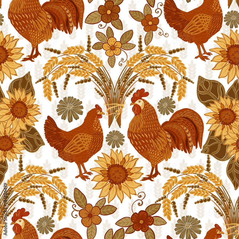 Hand drawn chicken and rooster. Rural background. Organic poultry farm ...