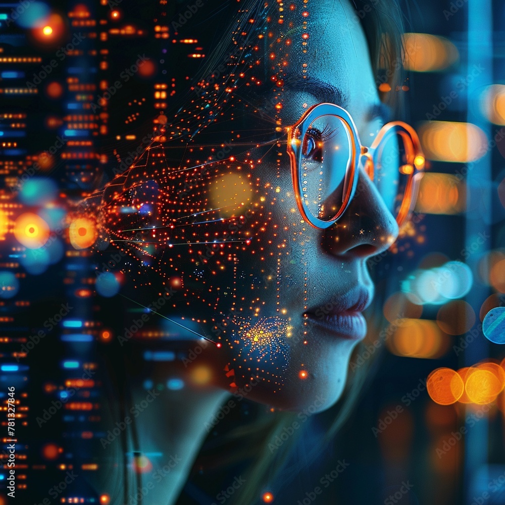Futuristic portrait blending a woman's face with digital networks ...