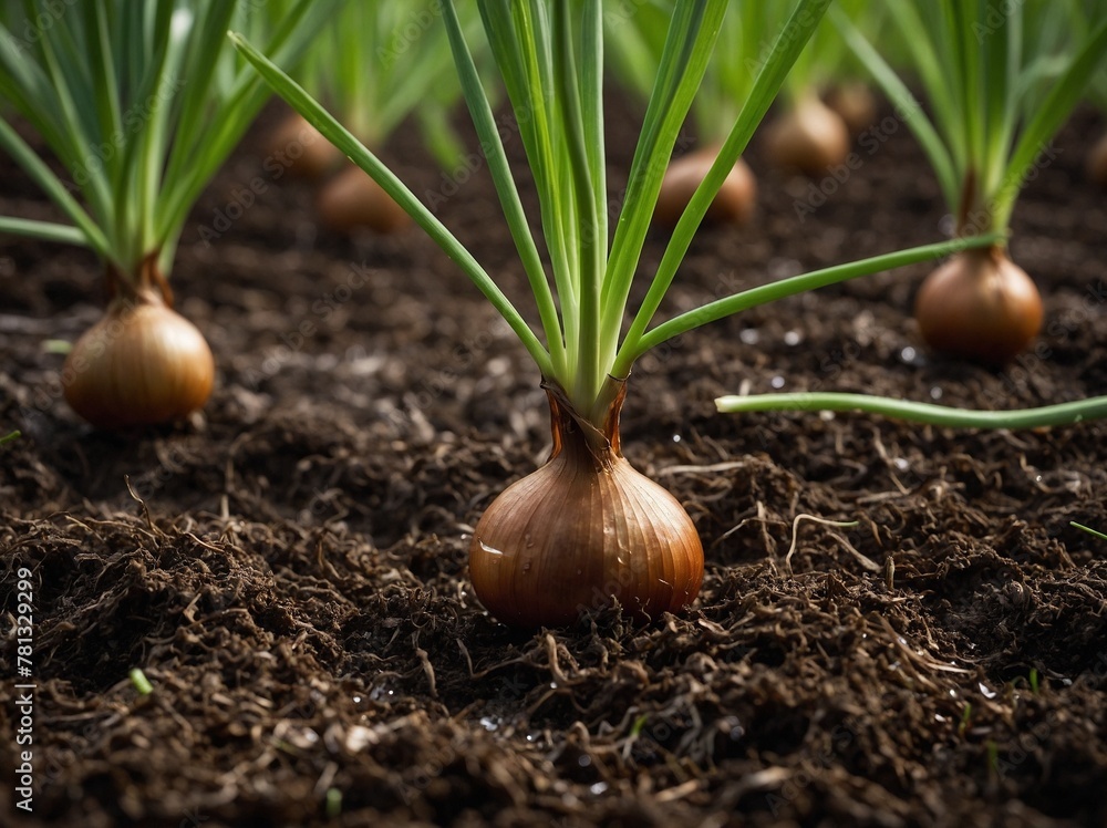 Sprouting from rich, dark soil, cluster of onions reveals early stages ...
