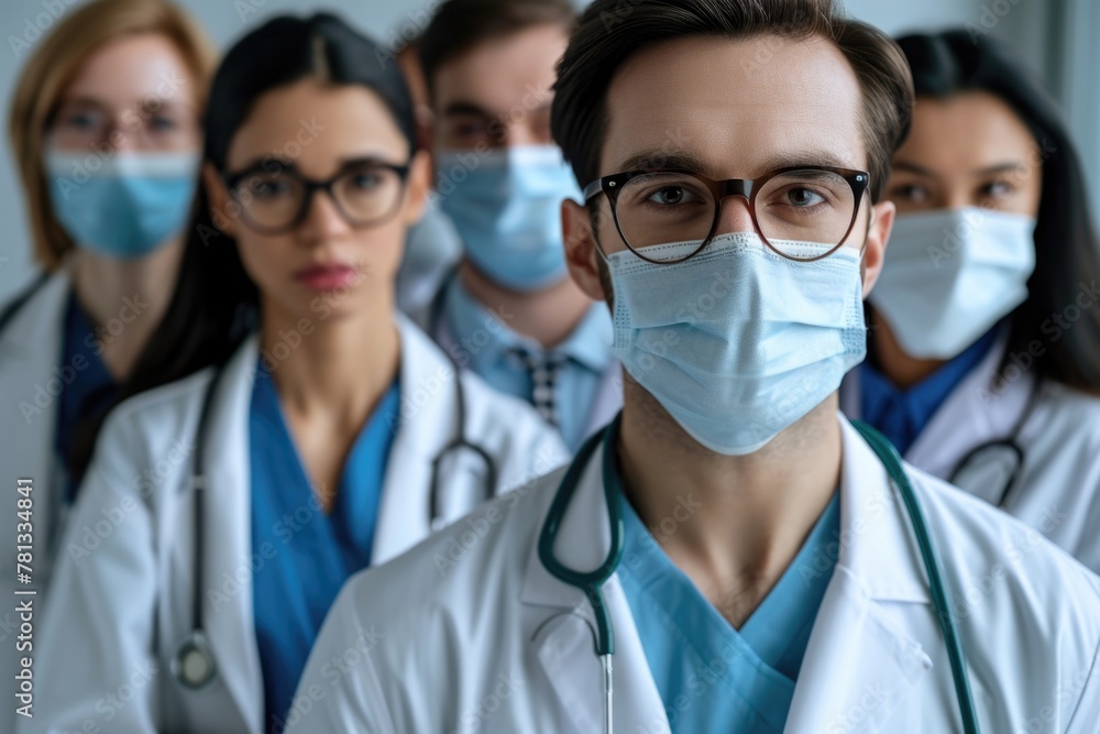 A group of doctors wearing masks and white coats. The man in the middle ...