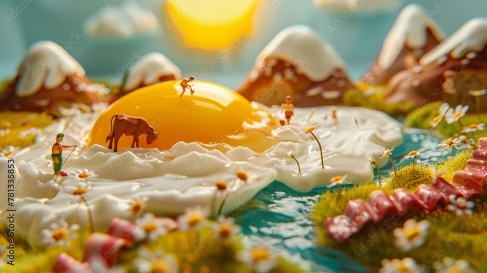Miniature figures, poster with the theme of food adventure. The ...