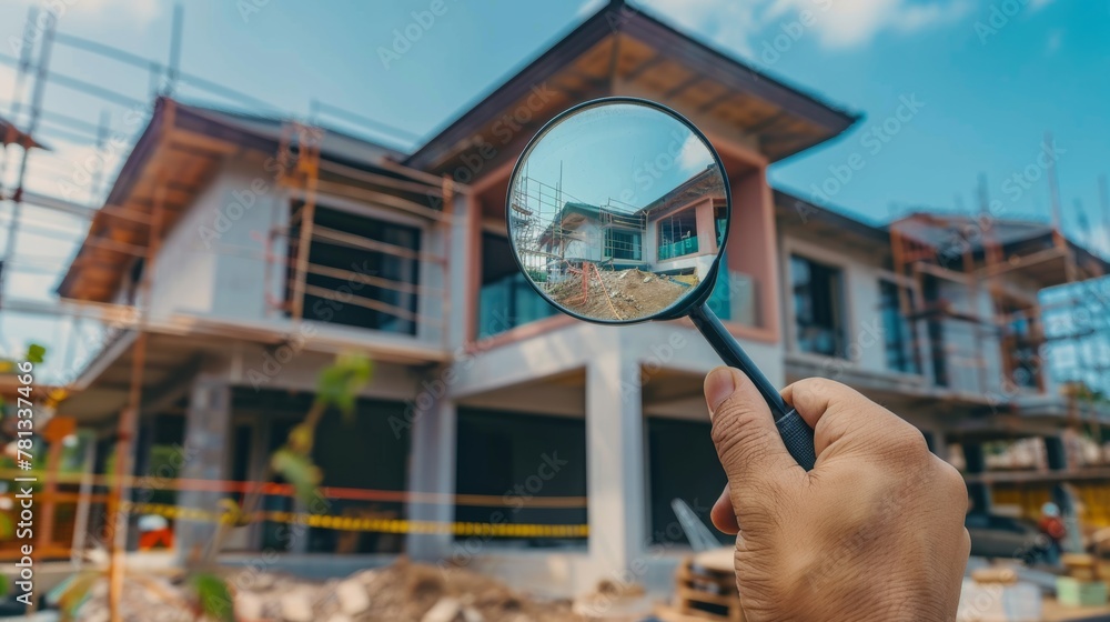 engineer use magnifying glass inspecting construction new house ...