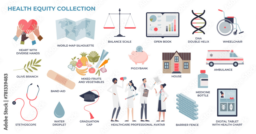 Health equity and fair medical healthcare system tiny person collection ...