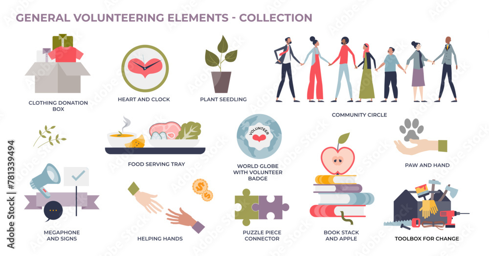 Volunteering elements with community support or help tiny person ...