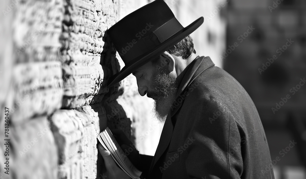 devout Jewish man reads prayers from book at Western Wall, displaying ...