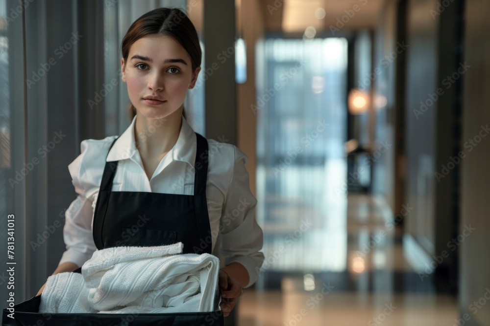 Professional hotel staff member poised in a hallway with fresh linens ...