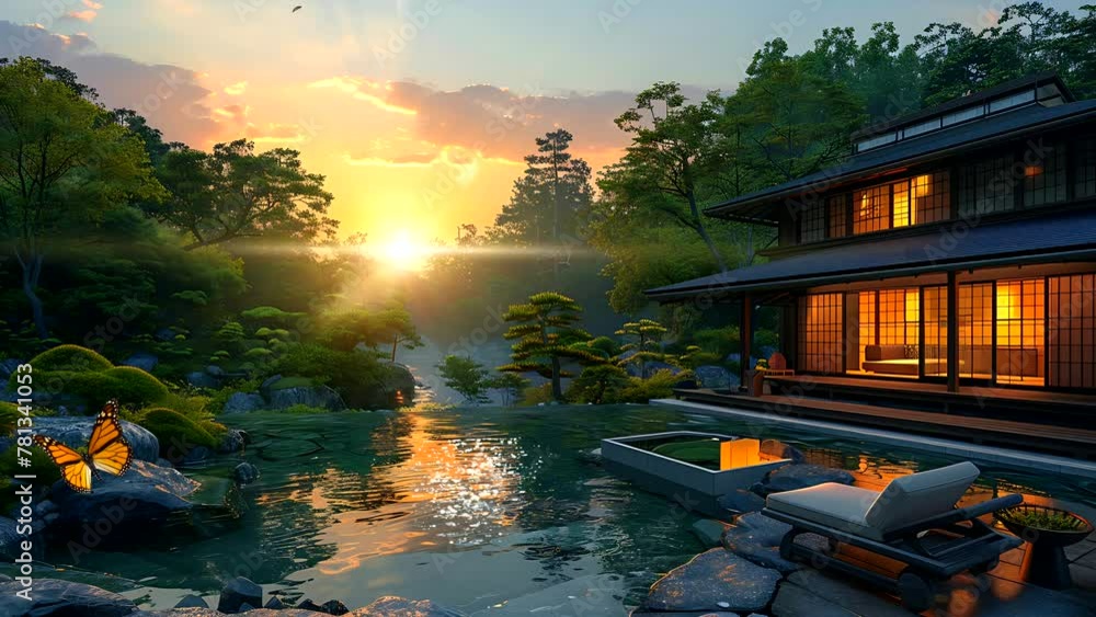 Vidéo Stock traditional Japanese house with a flowing river surrounded ...