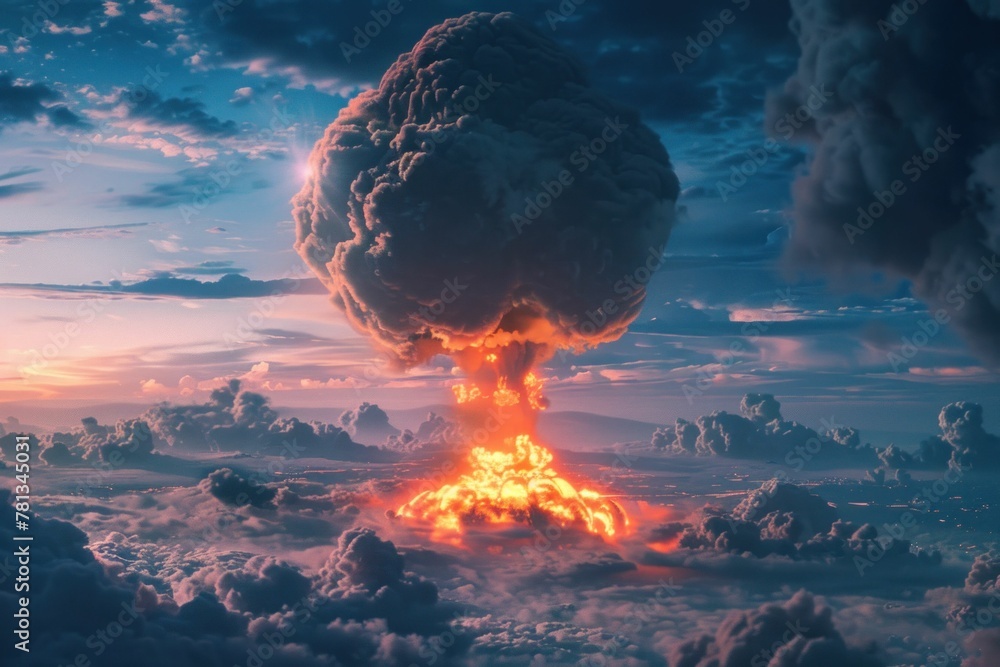 Dramatic aerial view of a powerful nuclear explosion with billowing ...