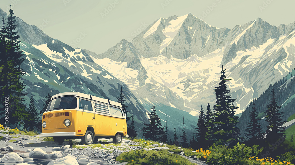 Camper van with nature landscape background. Scenic forest panorama ...