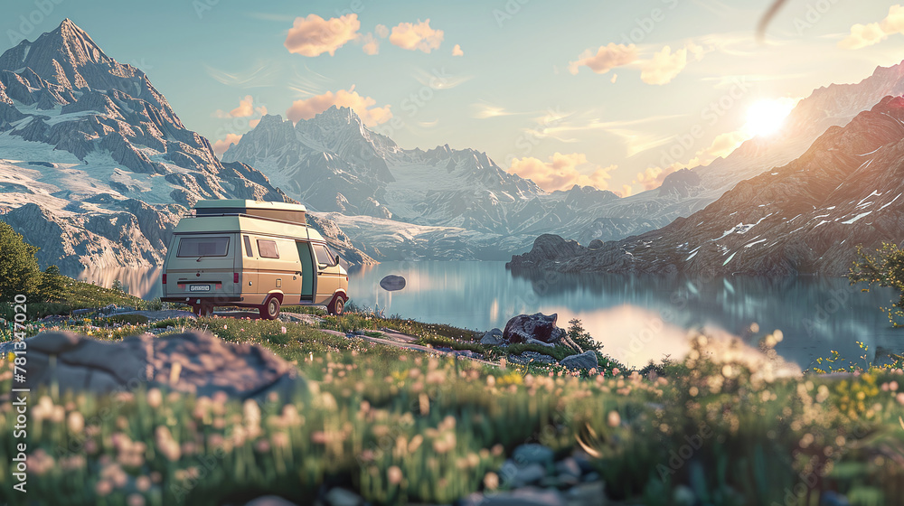 Camper van with nature landscape background. Scenic forest panorama ...