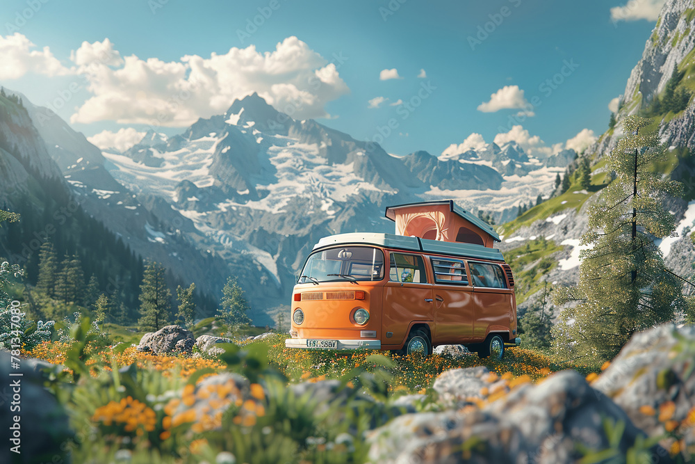 Camper van with nature landscape background. Scenic forest panorama ...