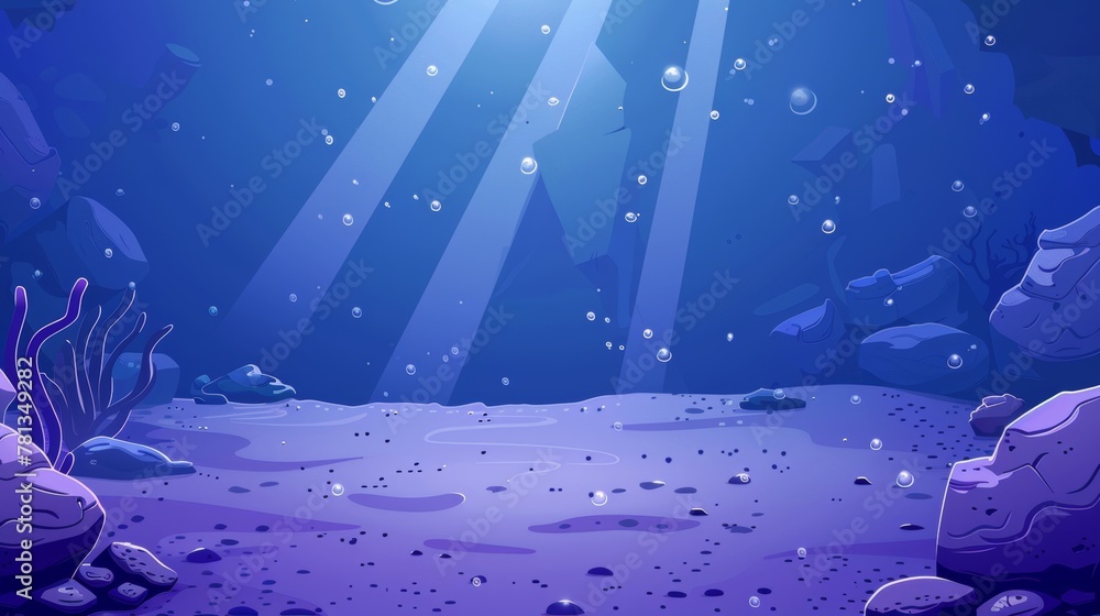Cartoon illustration of ocean or sea underwater background with seaweed ...