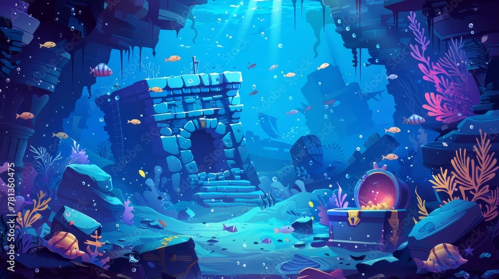 The deep seafloor with aquatic wildlife, treasure chest and shipwrecked ...