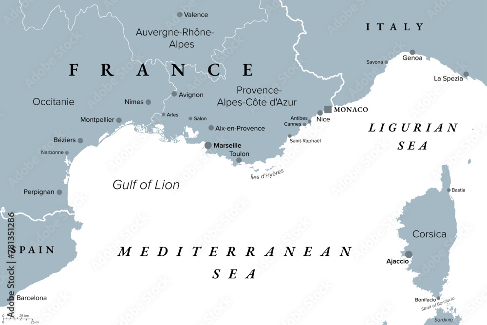 Southern France coastline, gray political map. Southernmost part of ...
