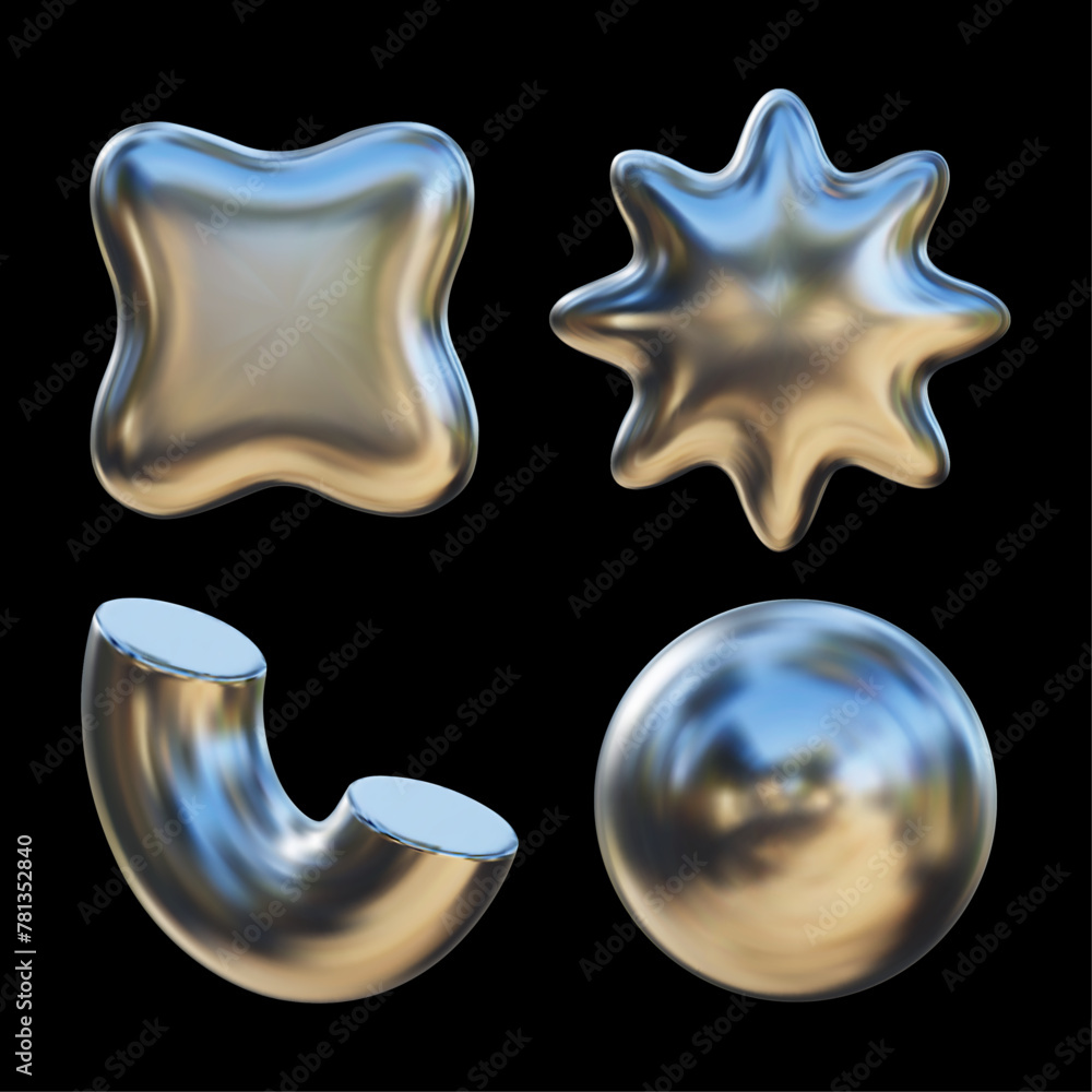 3D chrome geometric shapes. Futuristic chrome liquid shapes of ball ...