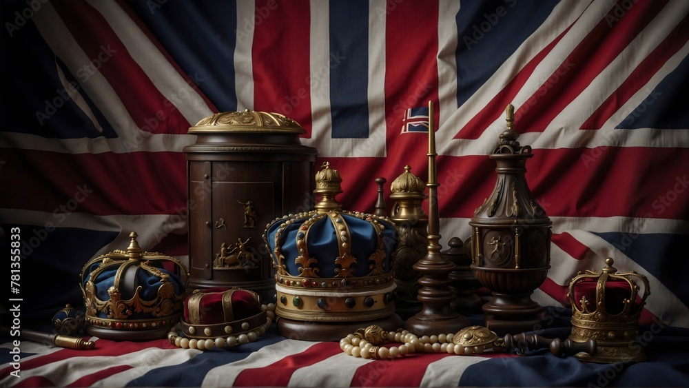 British crowns and Royal item symbols on a vintage-style table, against ...