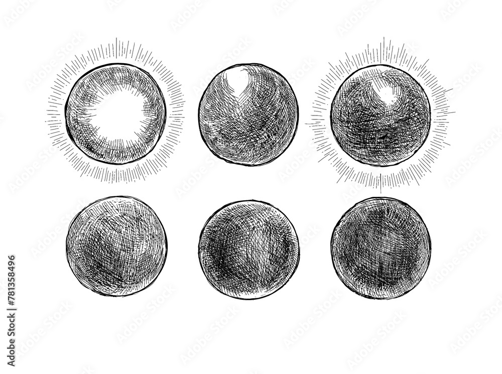 Hand drawn shaded spheres. Simple black and white pen and ink doodle ...