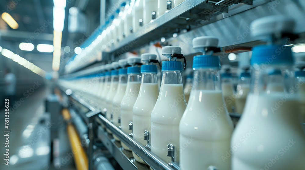 Inside a modern dairy factory, automated milking machines operate ...