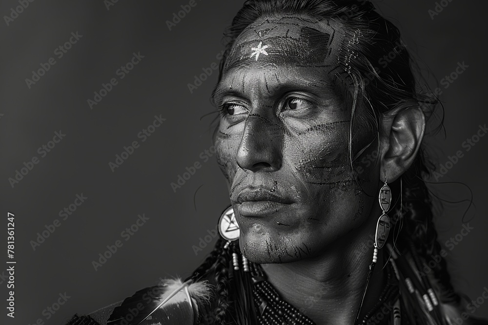 Capture the essence of cultural pride as a Native American man, adorned ...