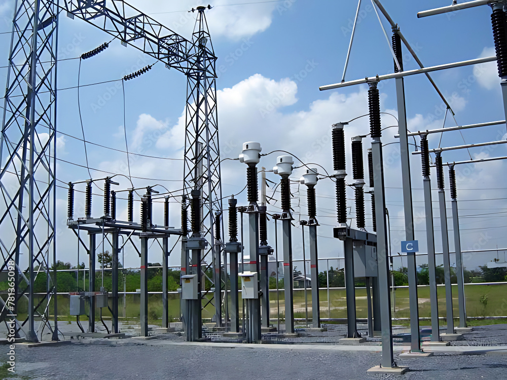 The steel structure of the high voltage take-off tower and electrical ...