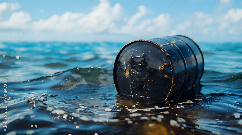 Oil barrel or oil tank and oil on the ocean surface with blue sky ...