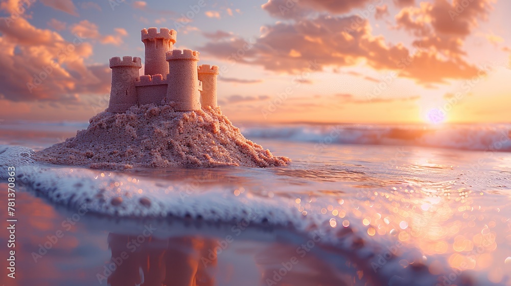 A lone sandcastle standing proudly on the shore, built by an unseen ...