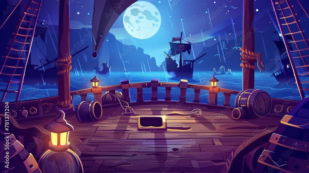 Pirate ship deck onboard night view, wooden boat with a cannon, a glow ...