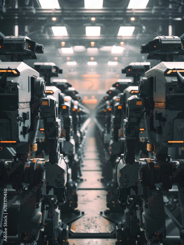 Futuristic robots in a row, equipped with combat weaponry in an ...