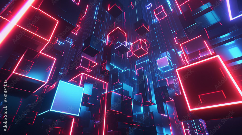Craft a visually striking 3D animation featuring red and blue geometric ...