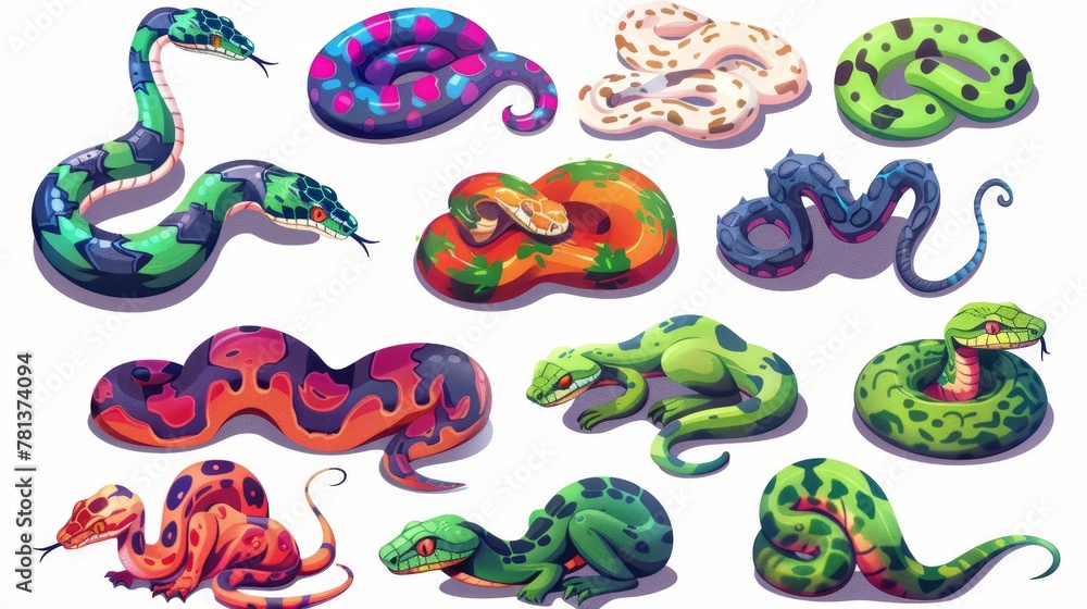 Set of modern images featuring cartoon species of snakes, such as a ...