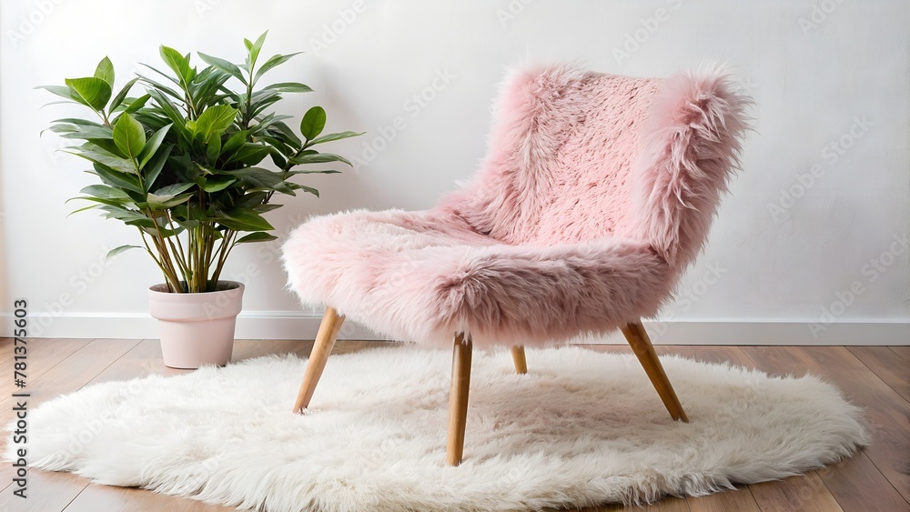 The background is a pink fluffy chair on a white background, a fluffy ...