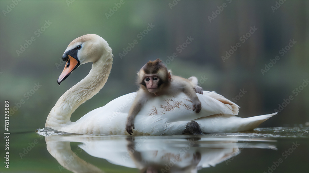baby monkey hanging on the back of a white swan. Stock Photo | Adobe Stock