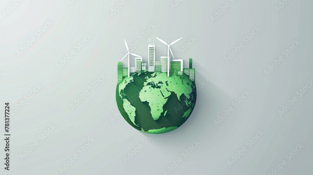 vector illustration of the green earth with modern buildings, against a ...