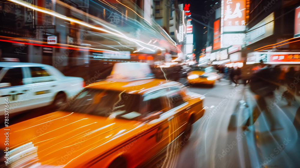 Blurred motion of yellow taxis and pedestrians in a brightly lit city ...