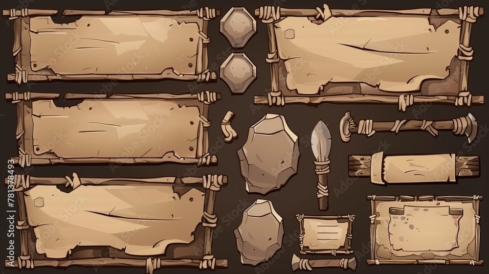 Board with antique parchments, scrolls, and menu buttons. Cartoon ...