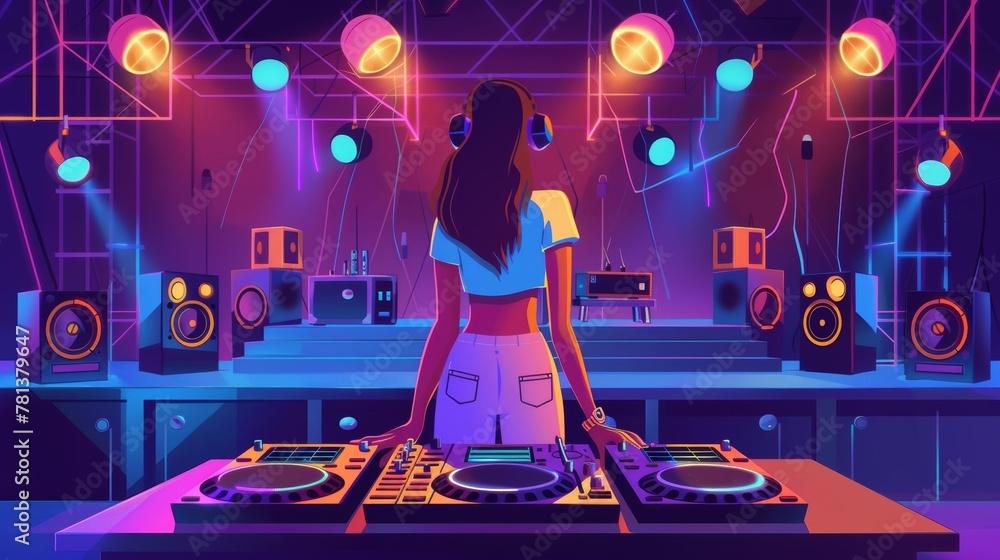 DJ girl in nightclub with mixer console. Modern cartoon illustration of ...