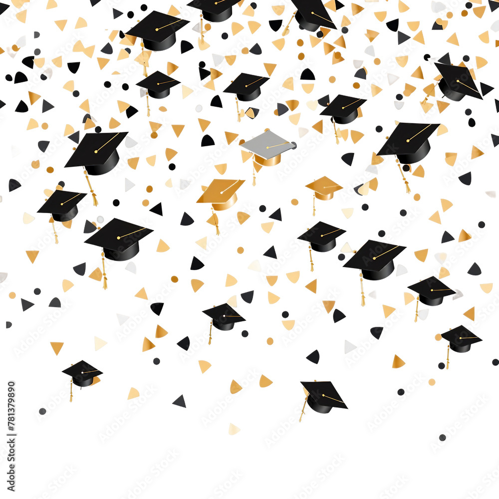 Graduation confetti in the shape of graduation caps and diplomas on ...