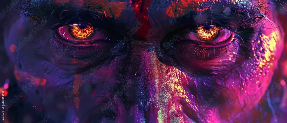 Close-up of Hanuman's face in neon technicolor, intense eyes emitting a ...