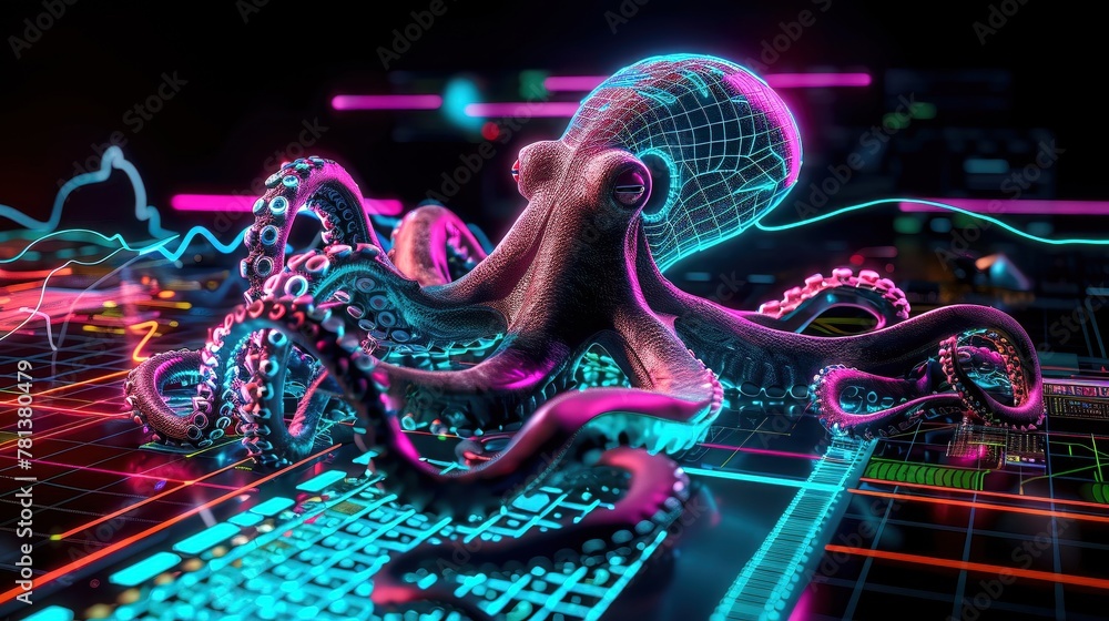 A close-up of an octopus multitasking at a computer running an online ...