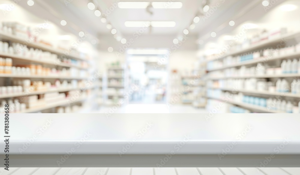 Modern pharmacy interior with empty white counter and blurred shelves ...