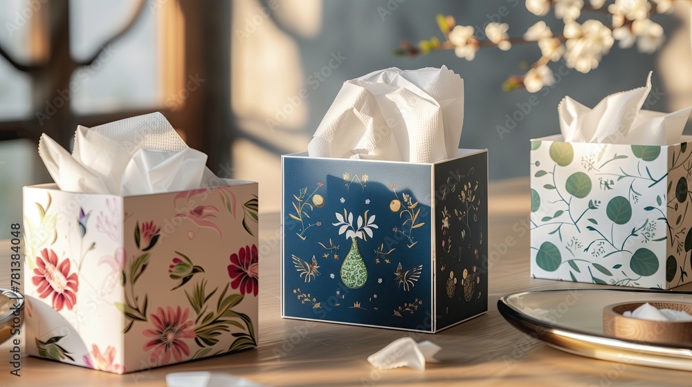 Tissue boxes with different designs and logos of tissue packing ...