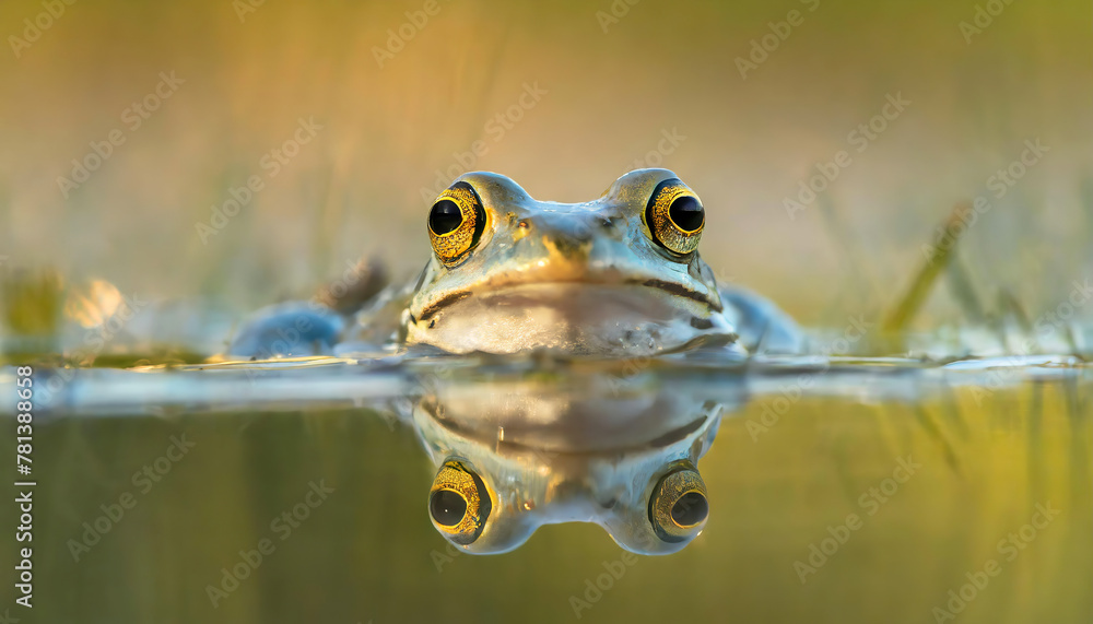 A frog is peering over the surface of the water, with its eyes ...