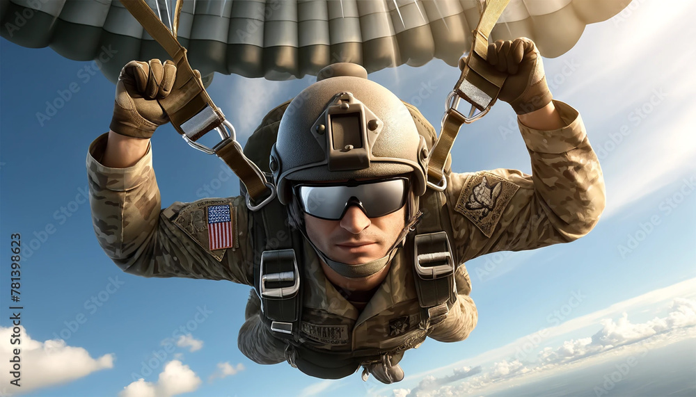 Military parachutist smoothly descending with a fully open parachute ...